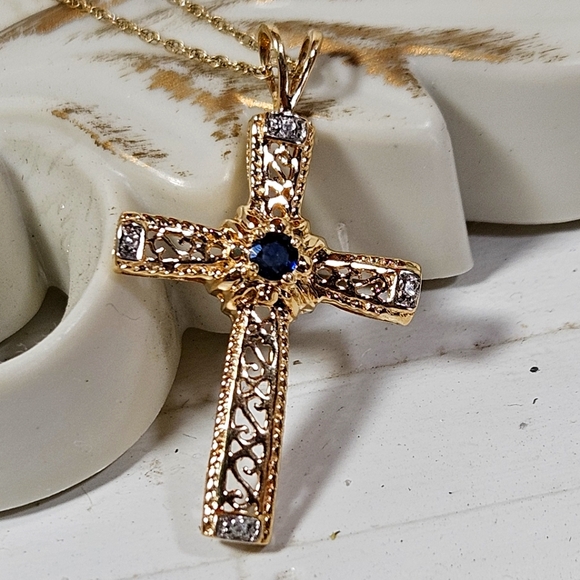 Vintage | Jewelry | Solid 4k Gold Cross With Diamond And Sapphire ...